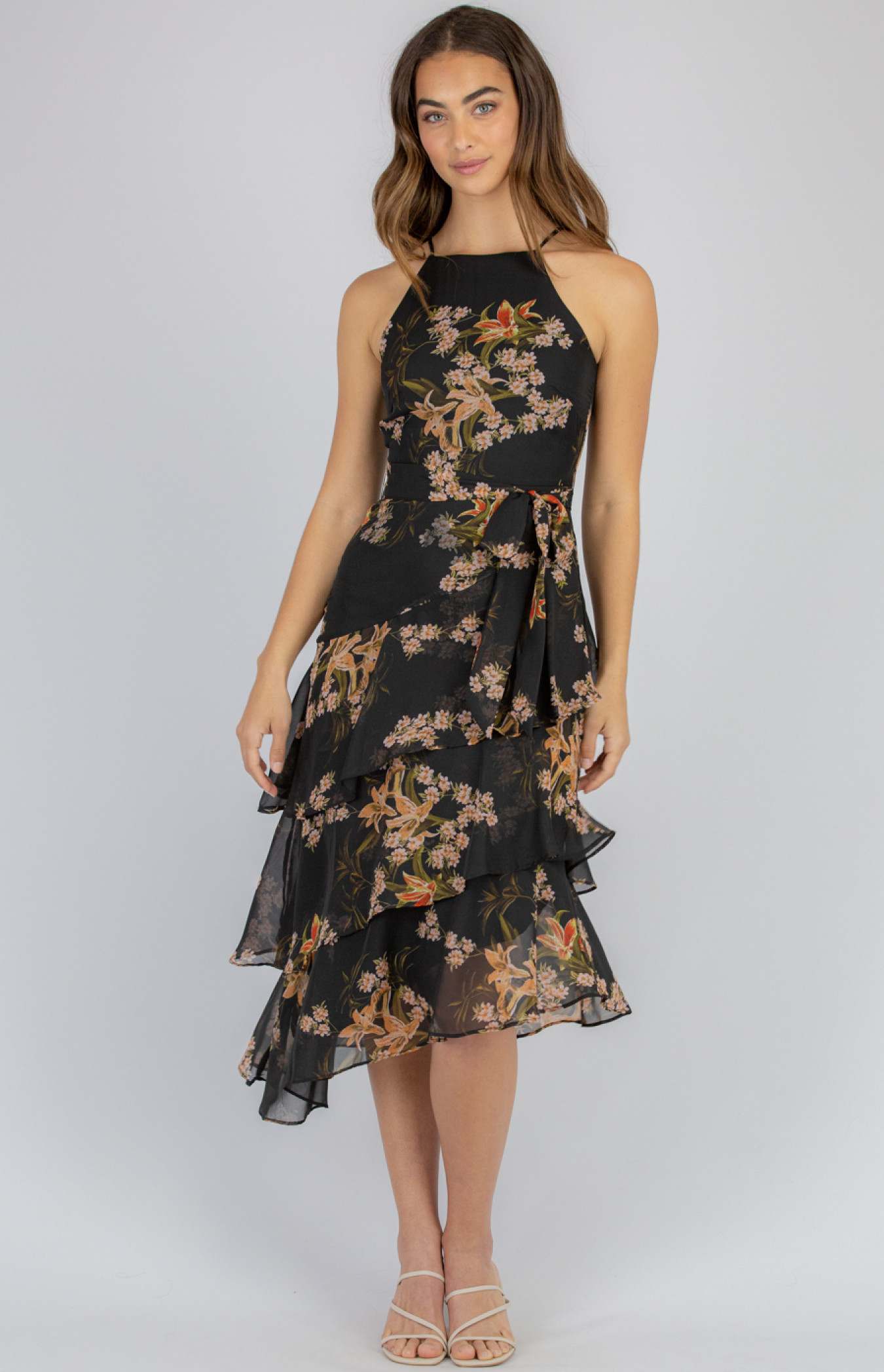 Floral Halter Neck Dress with Waterfall Hem (ADR1101A) | Style State