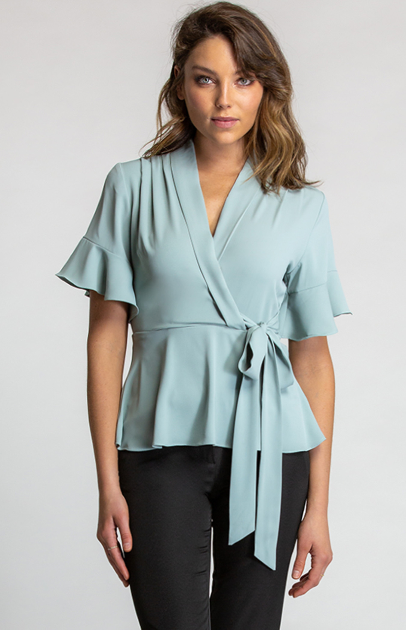 V-Neckline Frill Sleeve Top with Belt Detail (ATO863B) | Style State