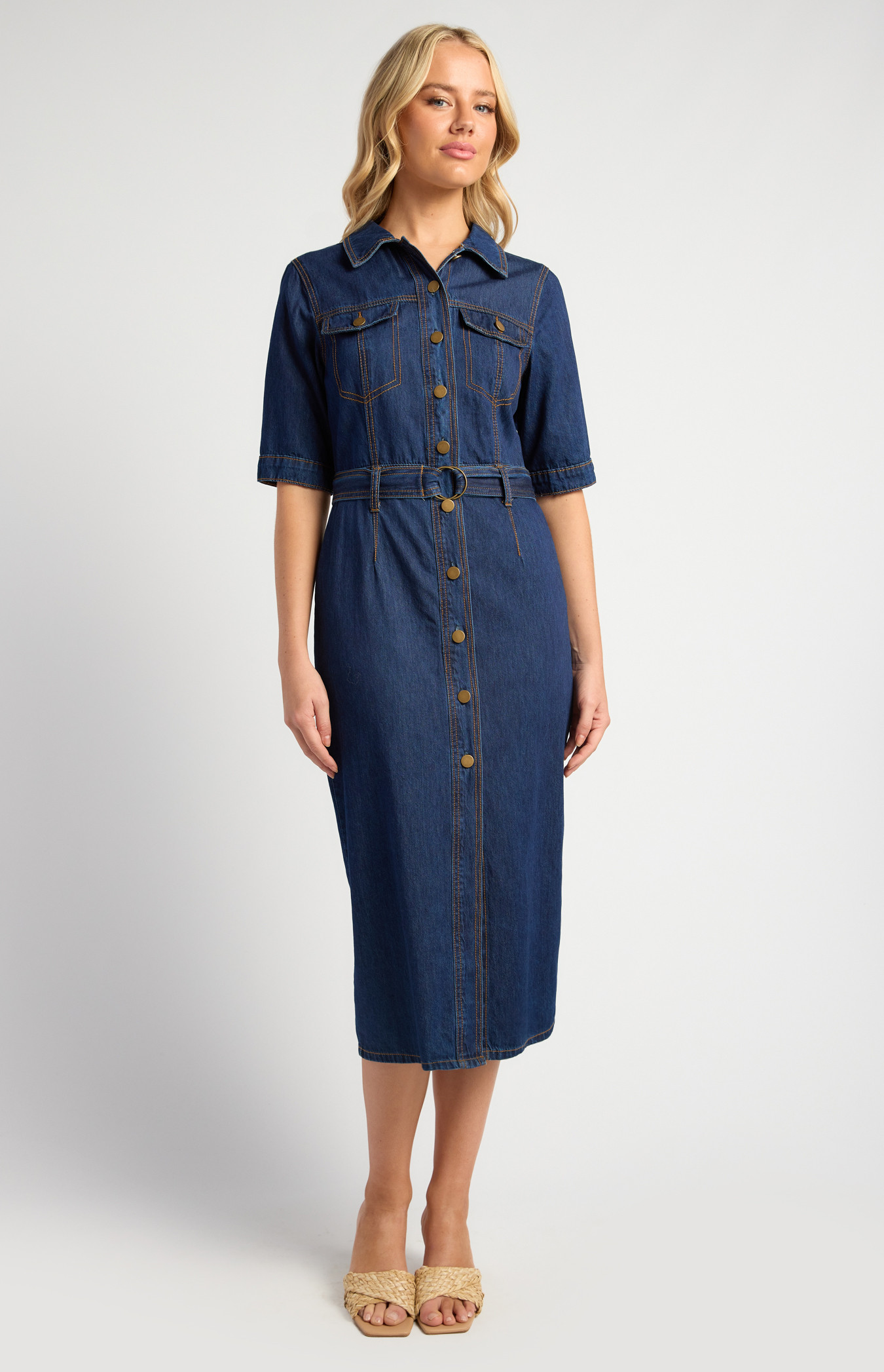 Contrast Stitching Button Up Denim Dress (SDM135) | Style State