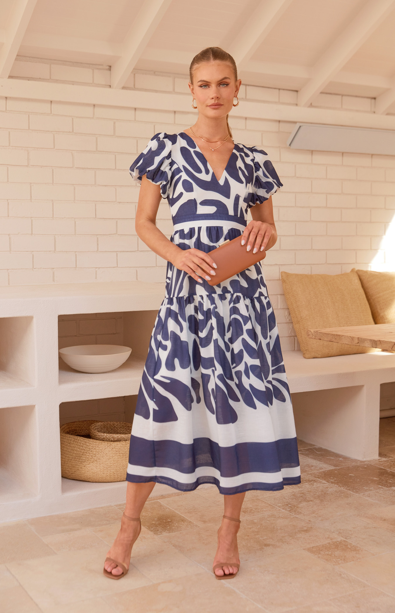 Placement Print Faux Linen Midi Dress (SDR1491B) | Style State