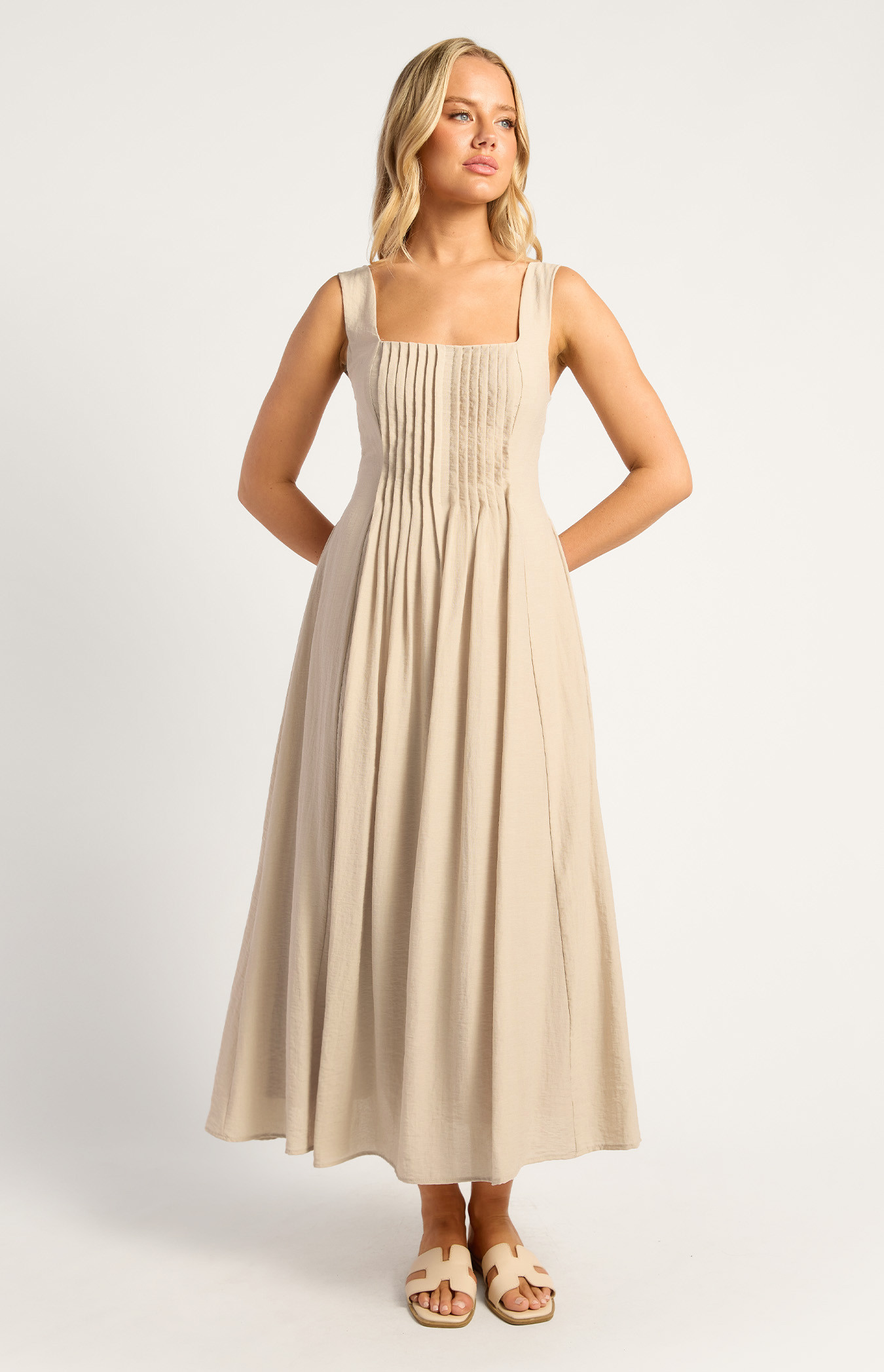 Pleated Bodice Detail Midi Dress (SDR1820A) | Style State