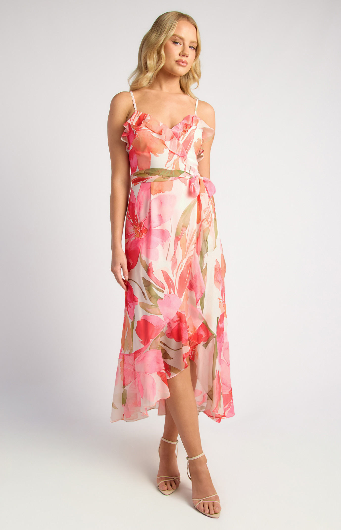 Chiffon Floral Print Dress With Frill Neckline And Hem (SDR1848A ...