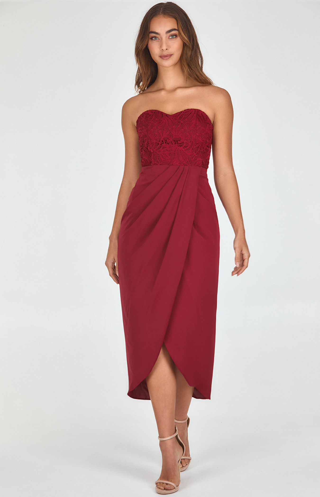 Lace Bodice Dress with Contrast Draped Hem (SDR501A) | Style State