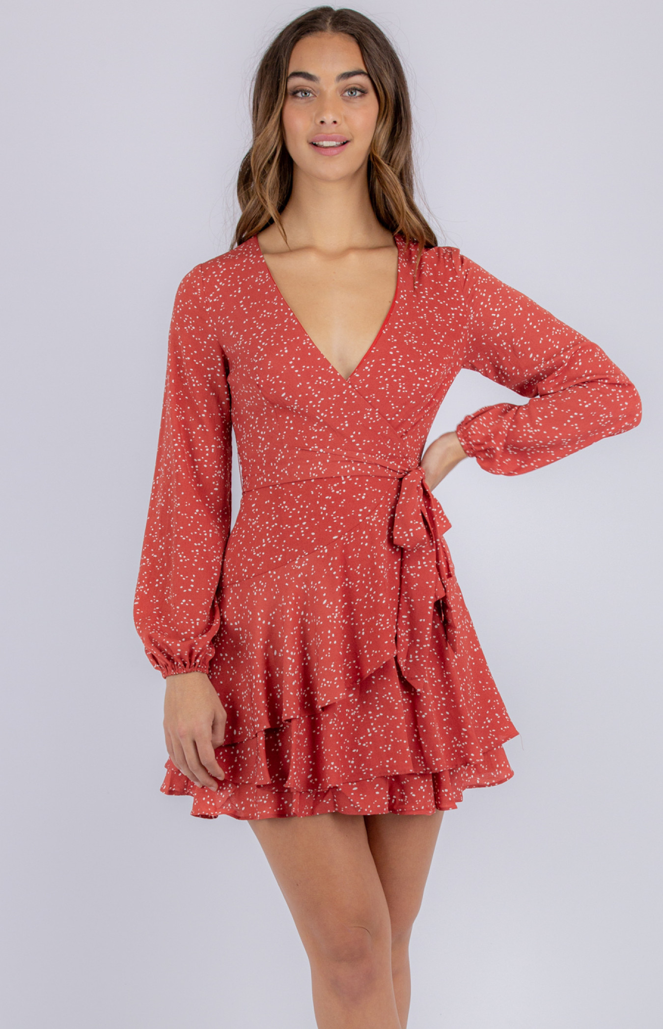 Cross Front Long Sleeve Dress with Ruffle Tiered Hem (SDR840A) | Style ...