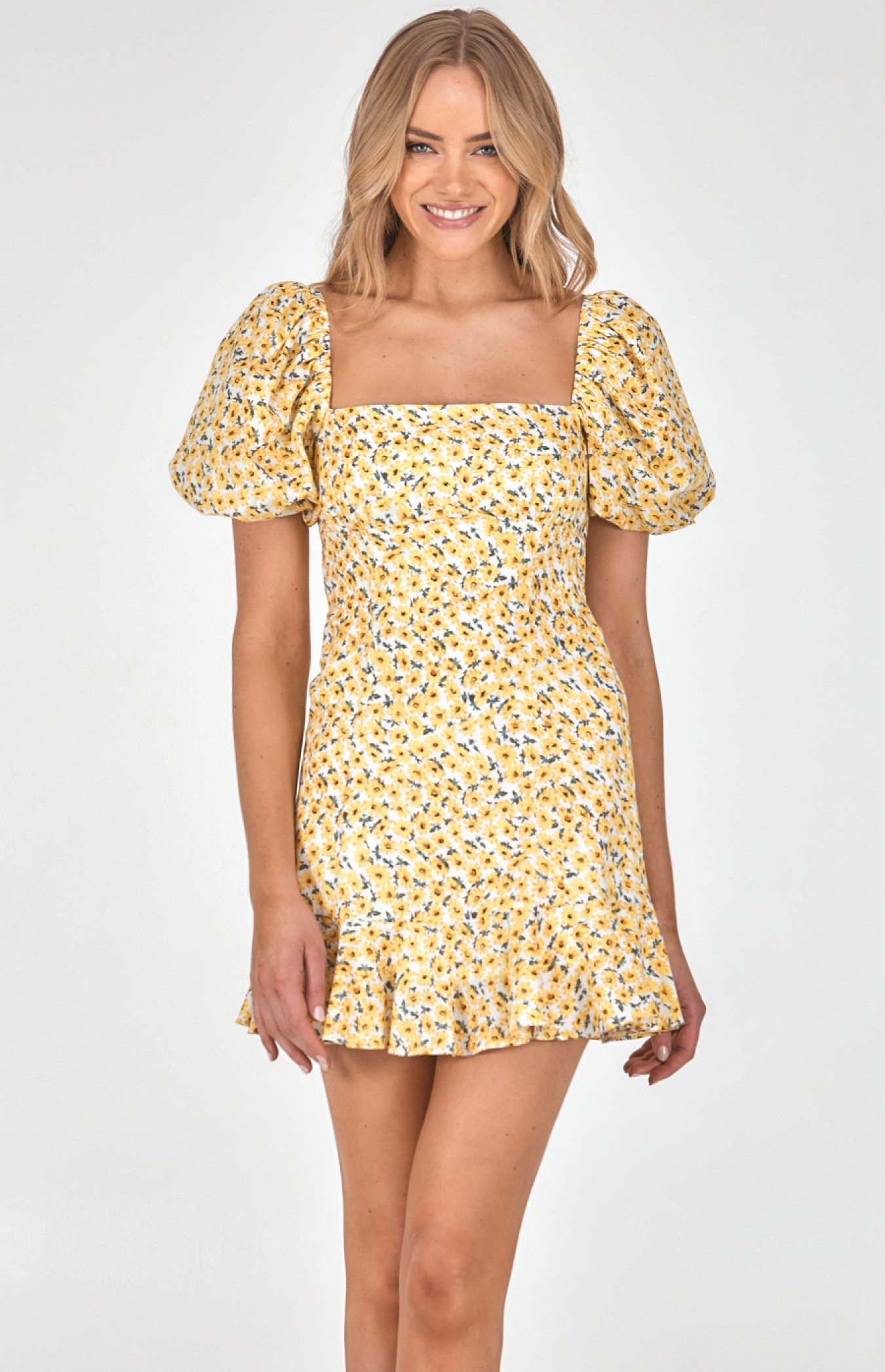 Printed Square Neckline Dress with Bubble Sleeves (SDR921A) | Style State