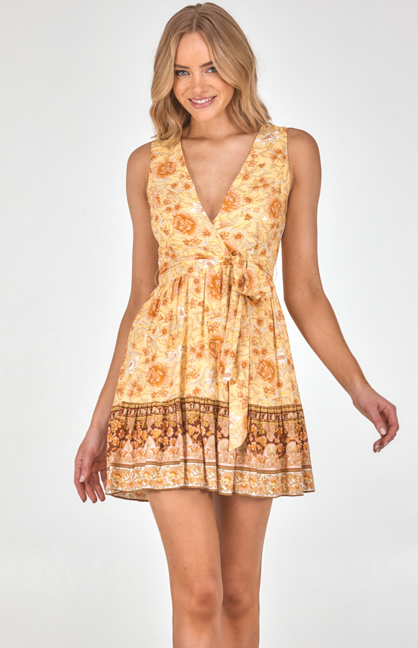 Cotton Cross Front Neckline Boho Printed Dress (SDR978A) | Style State