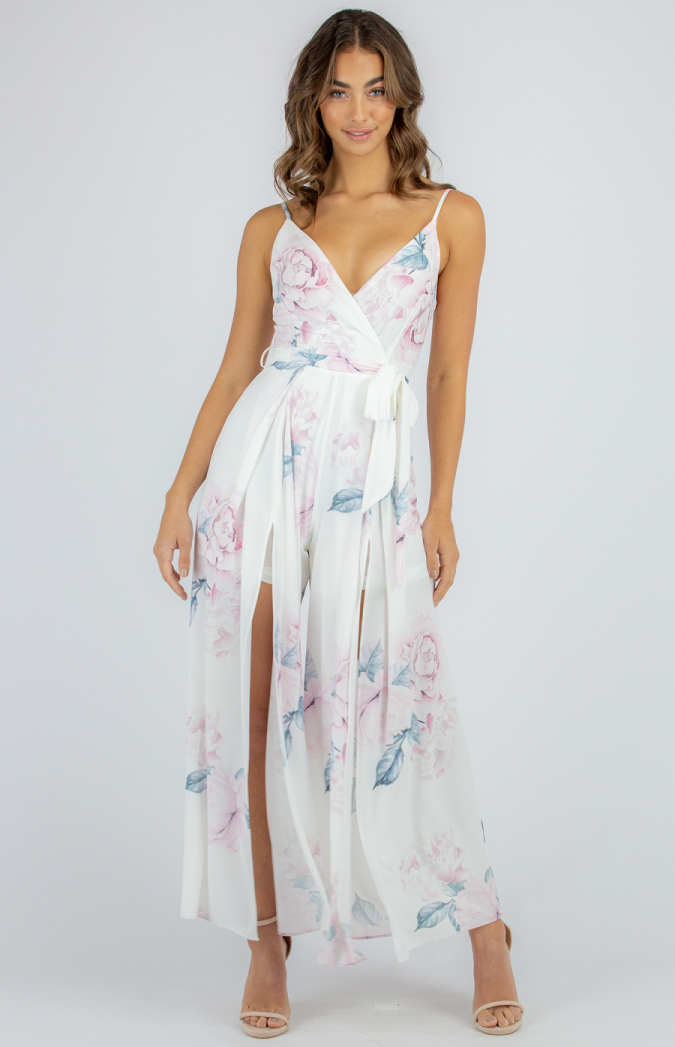 Floral Singlet Jumpsuit with Split Leg Waist Detail (SJP365B) | Style State