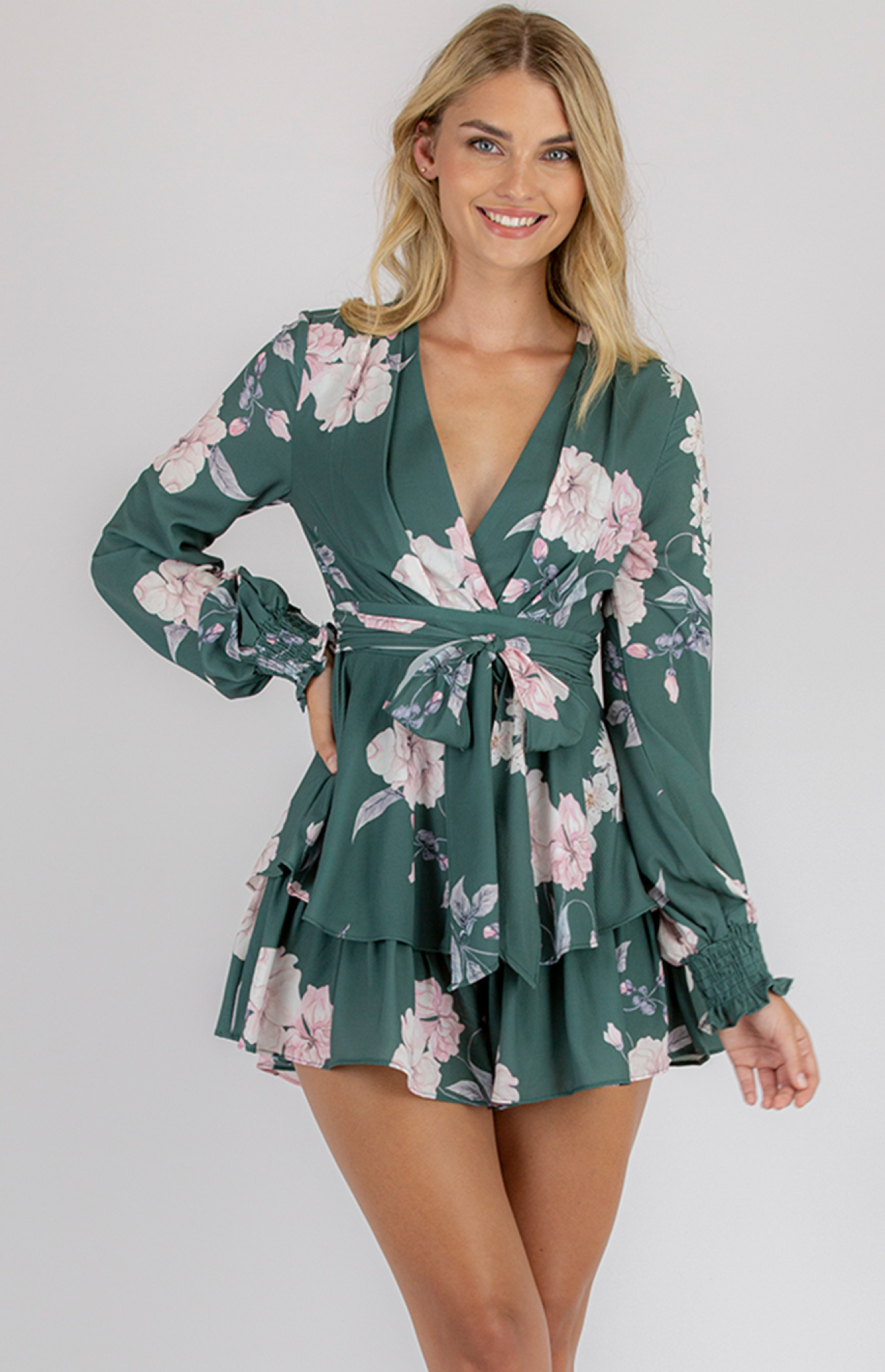 Printed Long Sleeve Playsuit with Ruffle Detail (SJP395-2A) | Style State