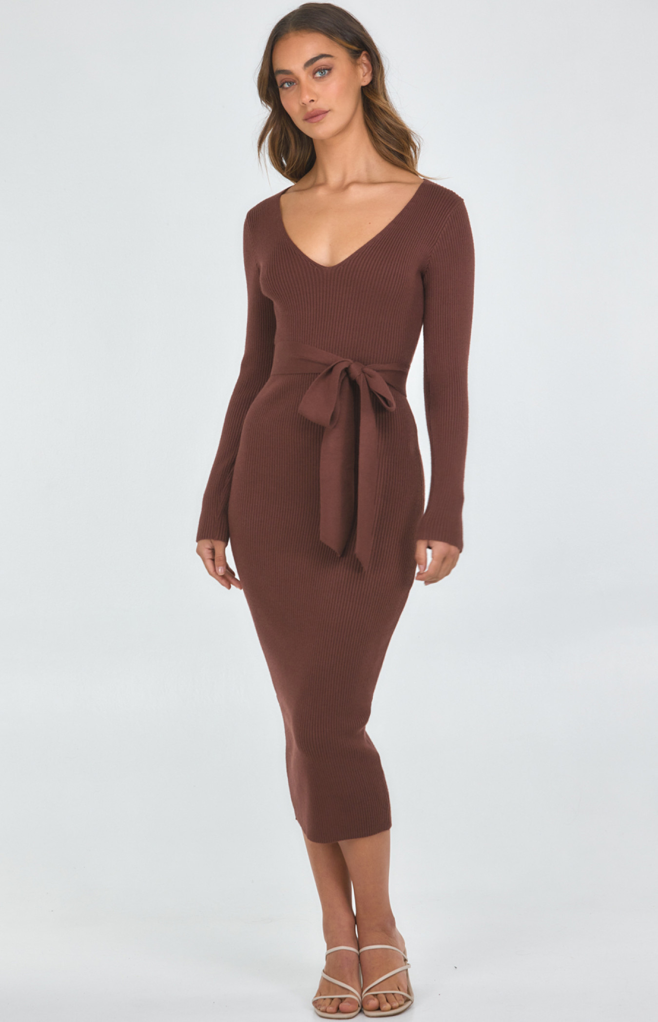 V-neck Fitted Knit Dress with Side Split (SKN473) | Style State