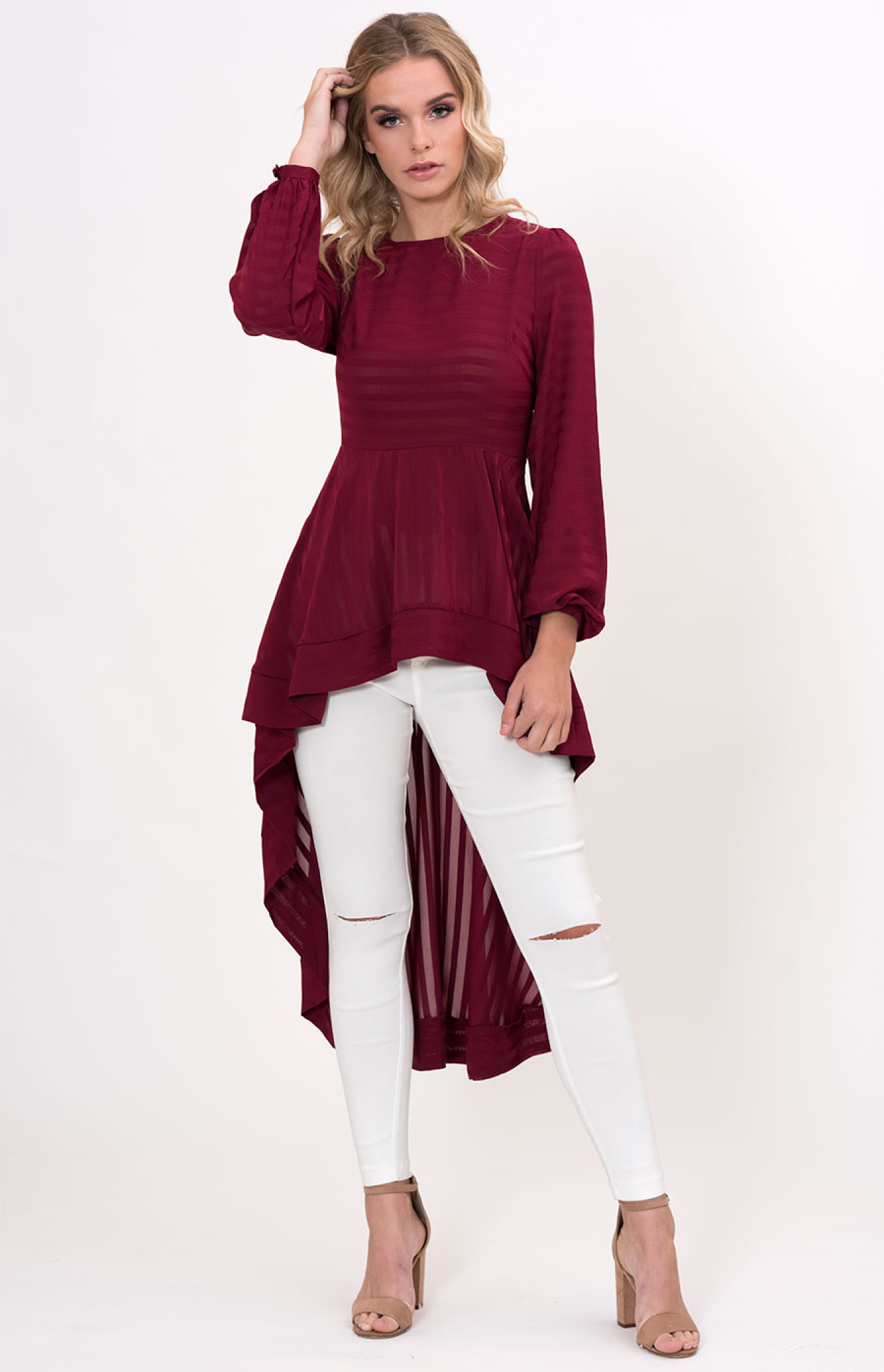 Rounded Neckline Top with Asymmetrical Hemline (STO301B) | Style State