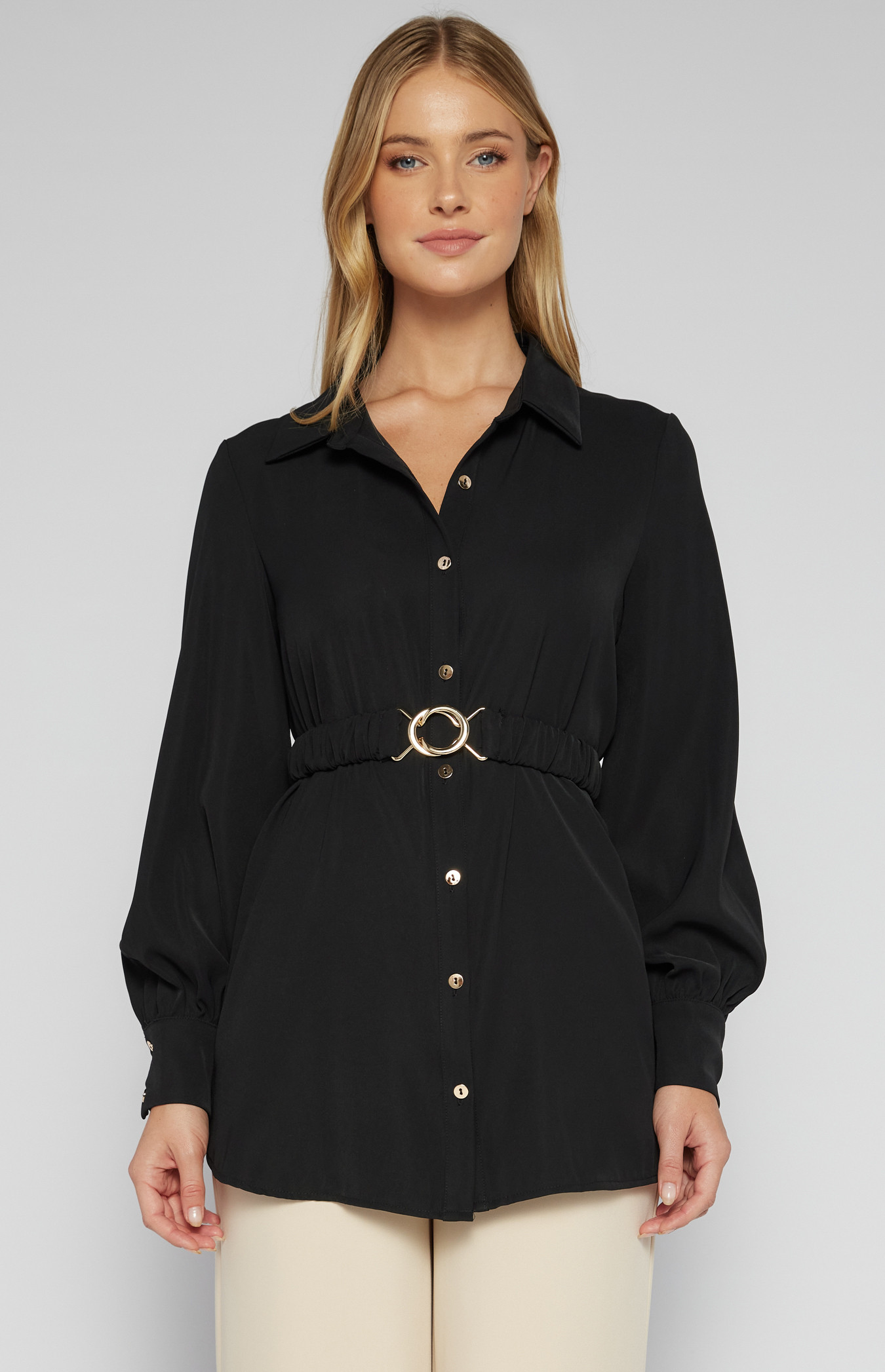 Button Shirt with Metal Buckle Elastic Belt (STO720B) | Style State