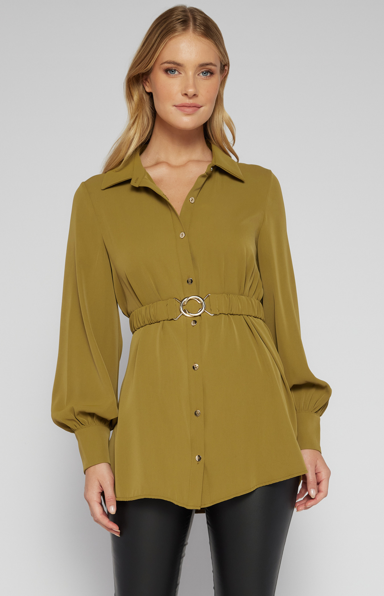 Button Shirt with Metal Buckle Elastic Belt (STO720B) | Style State