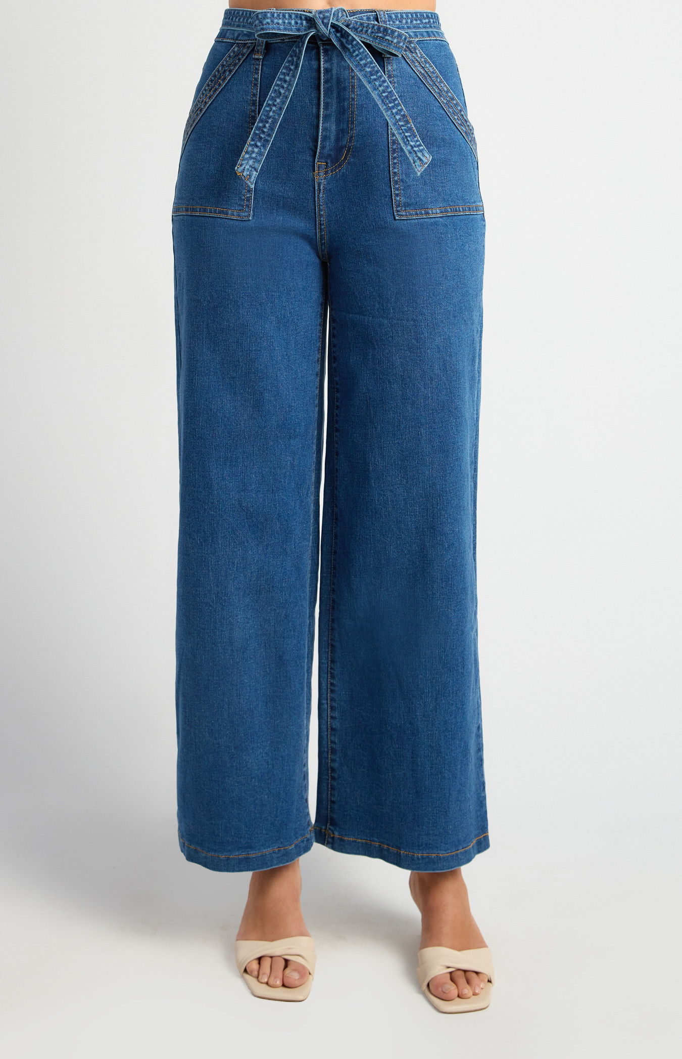 High Waisted Patch Pocket Denim Jeans With Tie Belt (WDM643B) | Style State