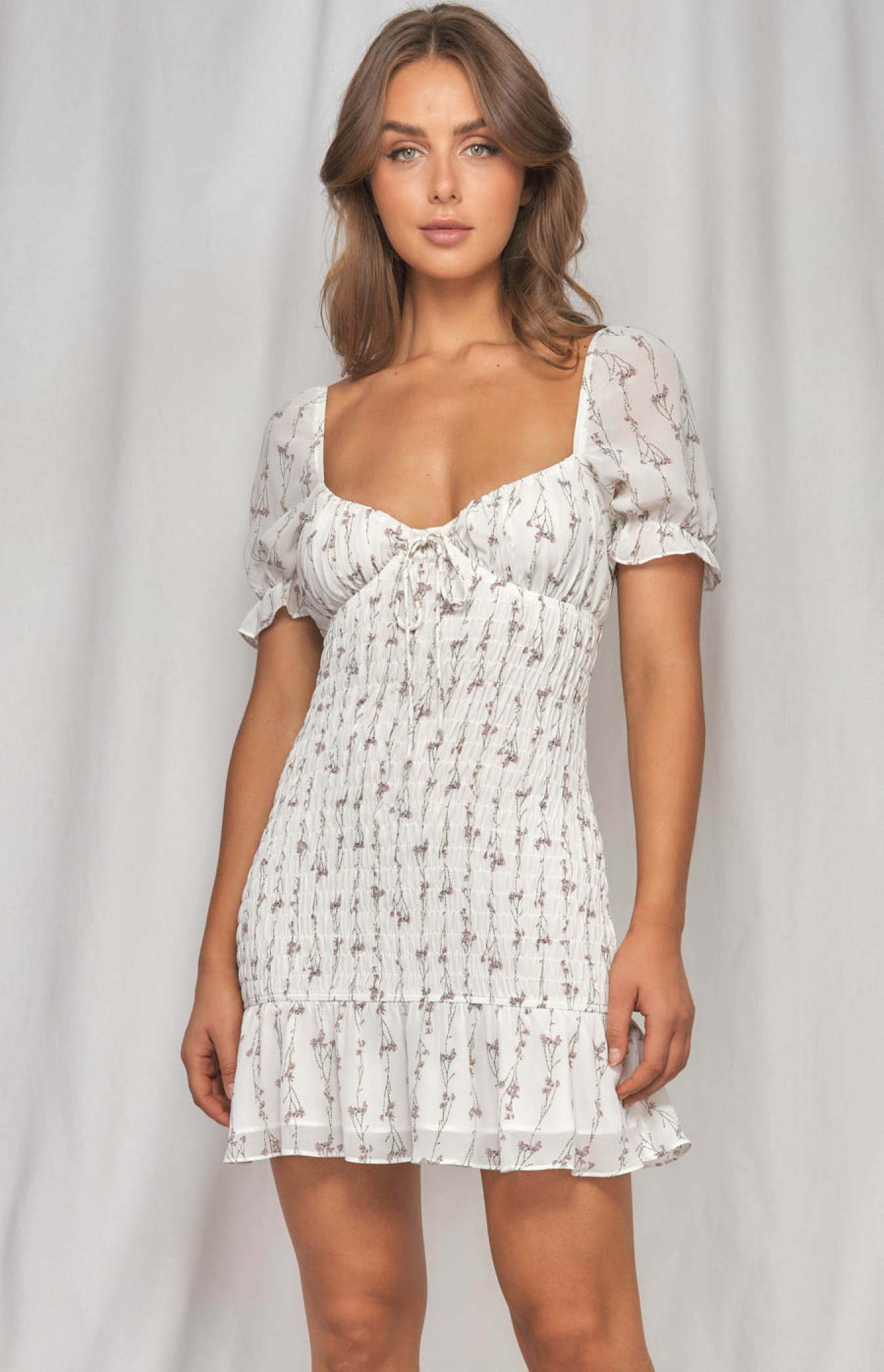 Dainty Floral Shirred Dress (WDR230A) | Style State