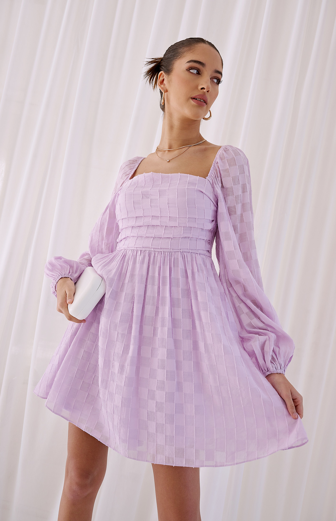 Checkered Textured Dress with Pleated Front Details (WDR594A) | Style State