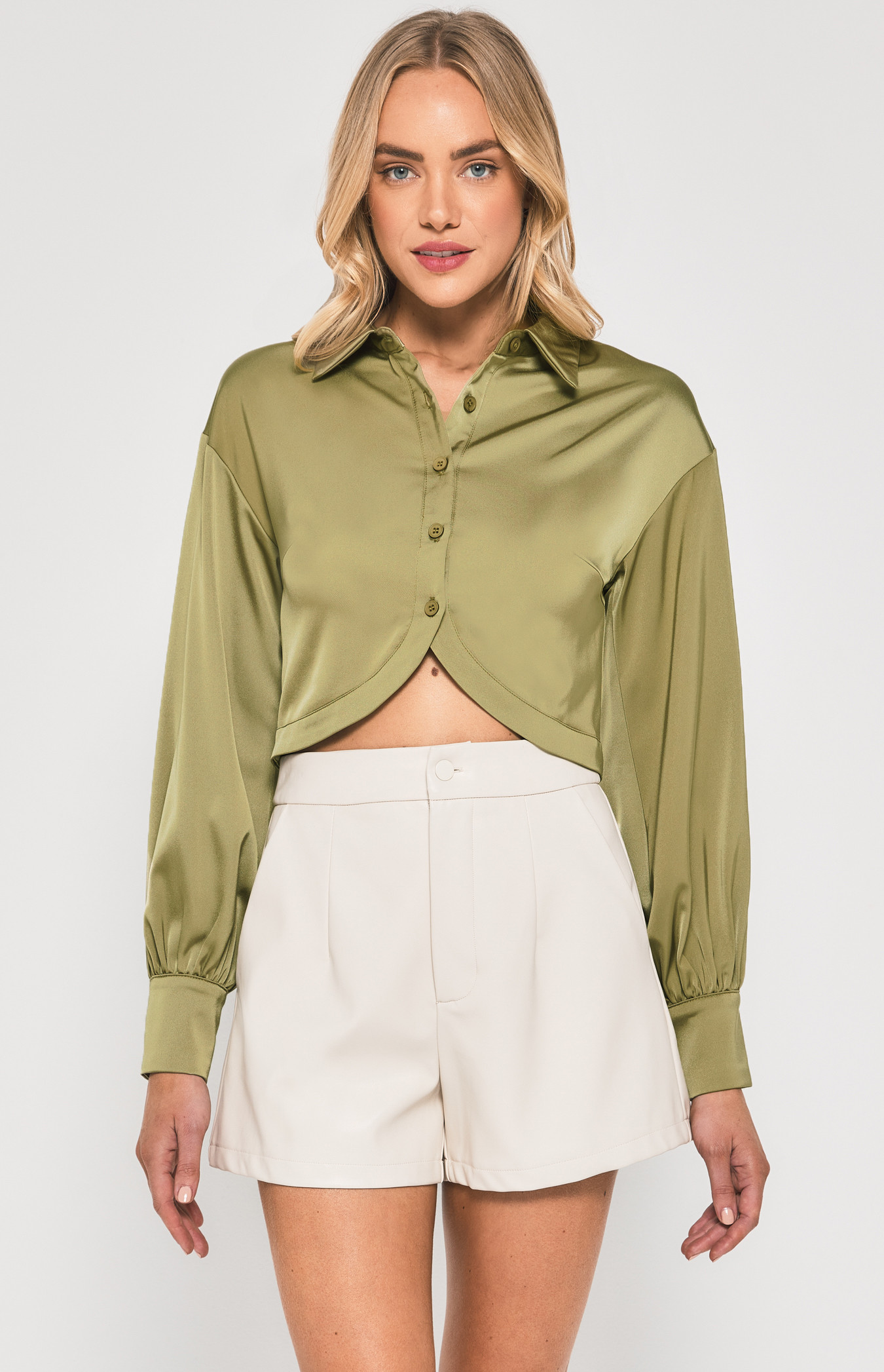 Curved Hem Cropped Satin Shirt (WTO459B) | Style State